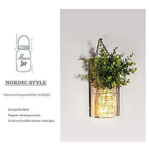 Rustic Wall Sconces, Mason Jar Sconces, Farmhouse Home Decor, LED Fairy Lights, Green Fake Plant, Interior Decoration Warm Toned Lighting. (2 Pack)