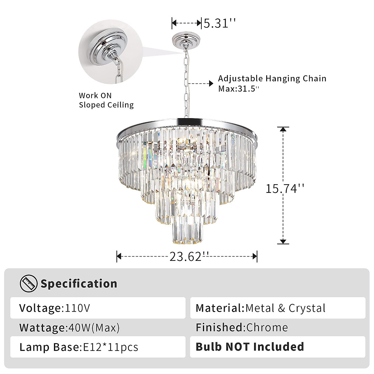 MarkDee Modern Chandeliers Crystal with Light, 11 Lights Chrome Crystal Chanderlier Lighting, 4-Tier Pendant Lights for Dining Room Living Room (23.62inch)…