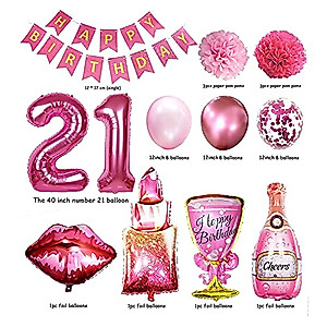 Crenics 21st Birthday Decorations for Her - Hot Pink Happy Birthday Banner, Pom Poms, 21 Number Balloon, Lipstick Champagne Balloons and 24 Latex Balloons for 21st Girls Women Birthday Party Supplies