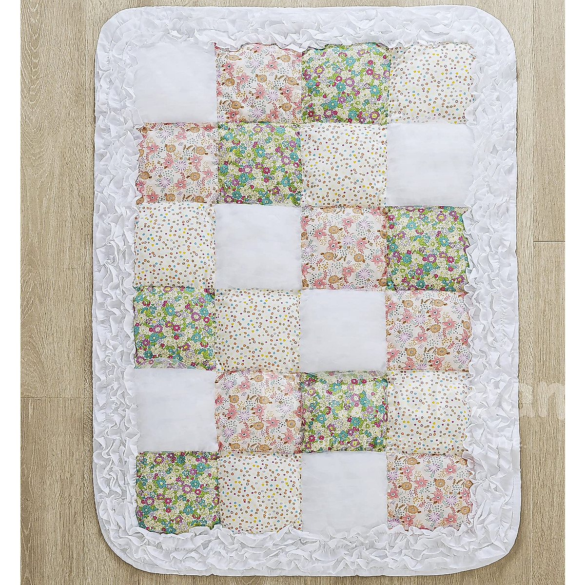 Brandream Luxury Girls Nursery Bedding Farmhouse Floral Crib Bedding Patchwork Baby Blanket Set, 4 Piece Cotton Layered Ruffle Set Pink White Green