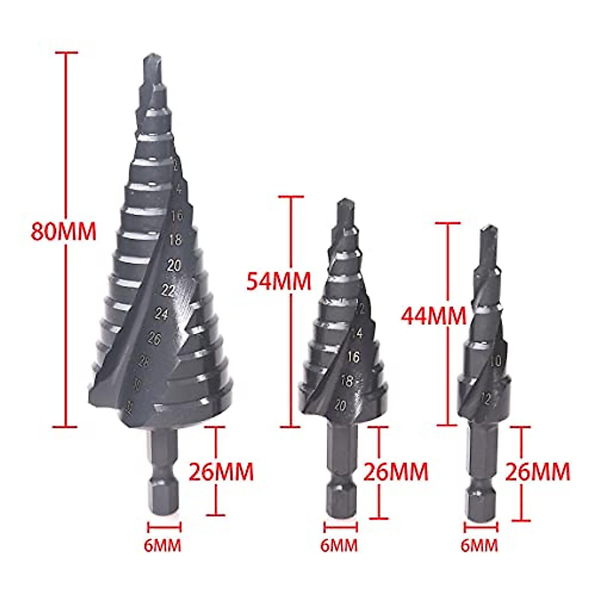 ATOPLEE Step Drill Bit, 3pcs 6mm Hex Shank HSS Nitriding Black Spiral Fluted Unibit Step Bit for Hole Drilling in Metal, Copper, Aluminum,Wood,Plastic,Sizes 4-12mm/4-20mm/4-32mm