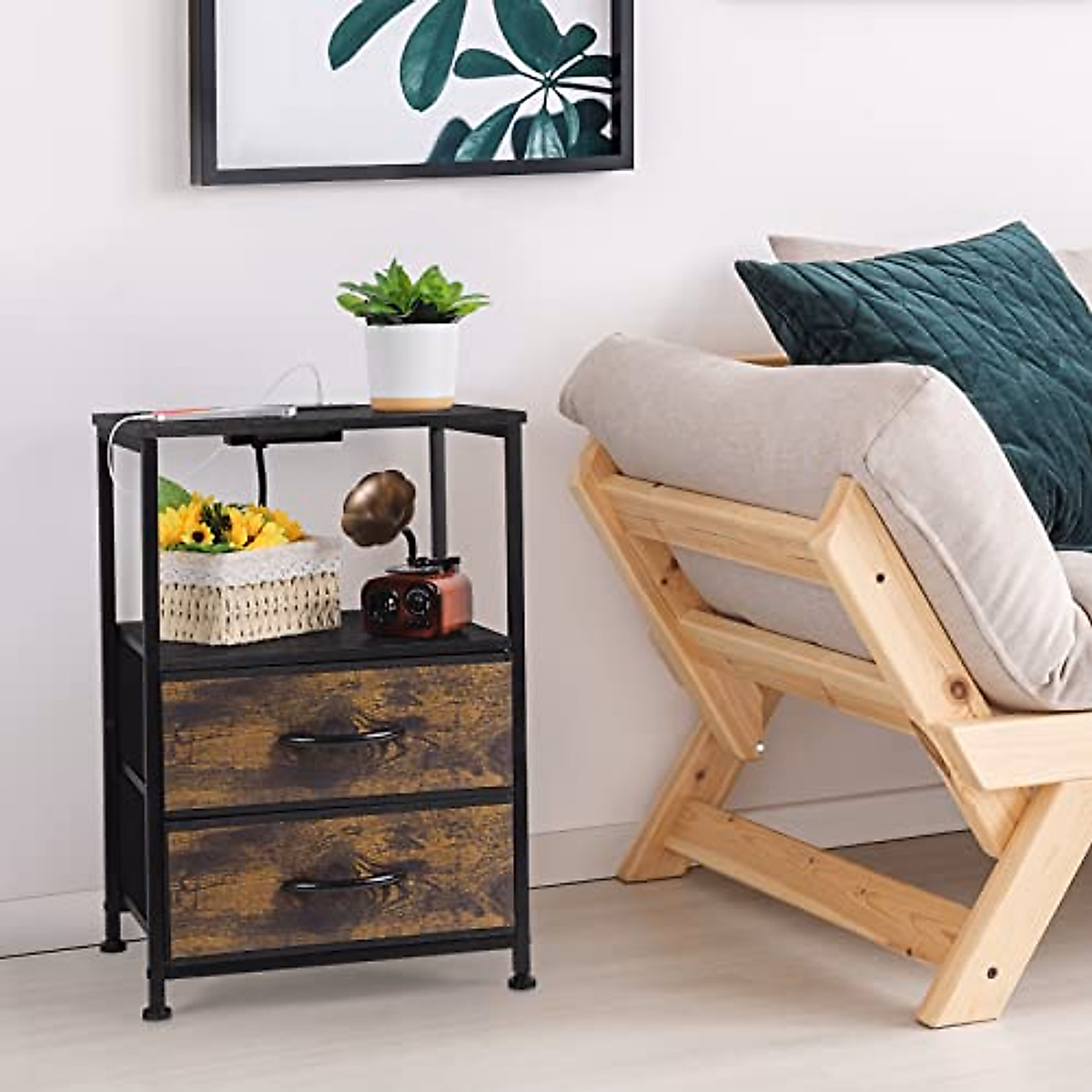 Vrisa Nightstand with Charging Station Black Bedside Table Fabric Drawers End Table with Open Shelf Night Stand with USB Port and AC Outlet for Bedroom