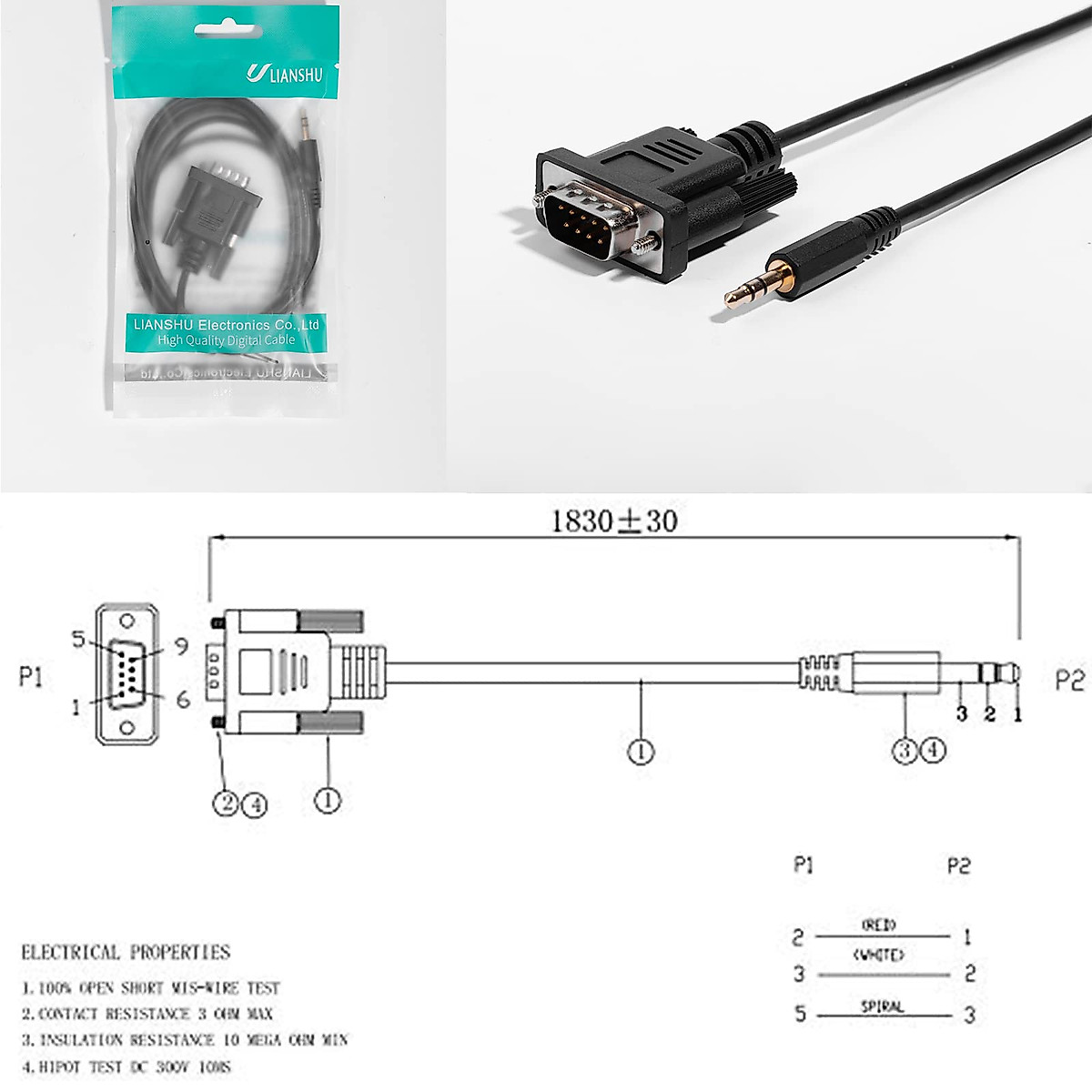 LIANSHU DB9 Male to DC3.5mm Male Serial RS232 Cable 6feet DB9 Male to 3.5mm Serial Cable L= 6FT Black