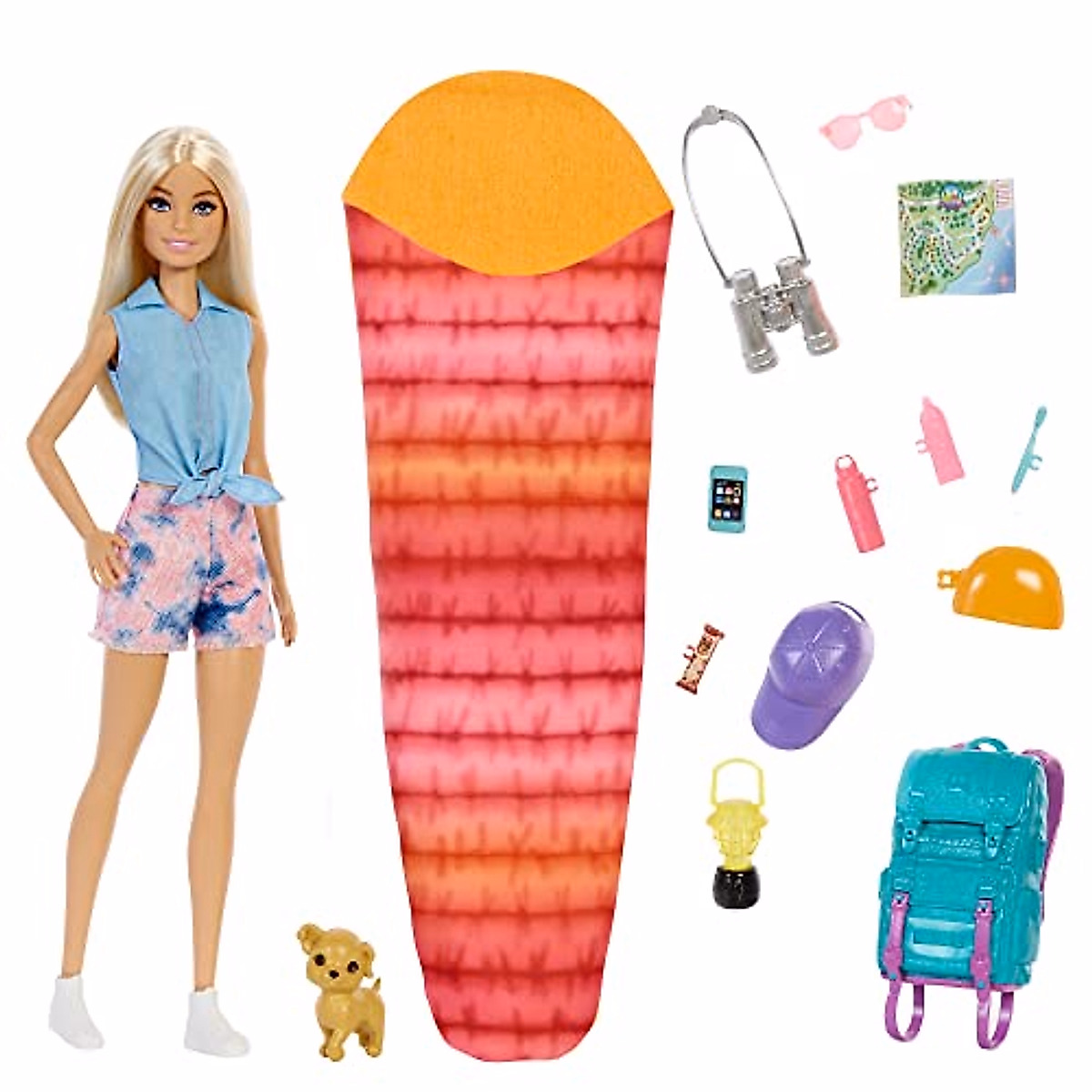 Barbie Doll and Accessories, It Takes Two “Malibu” Camping Doll with Pet Puppy and 10+ Accessories It Takes Two Camping Playset + Chelsea Doll (6 in, Blonde), Pet Owl, Sleeping Bag, Binocu