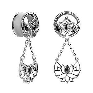 KUBOOZ 1 Pair Lotus Pendant Stainless Steel Screw Ear Plugs Tunnels Gauges Stretcher Piercings 00g