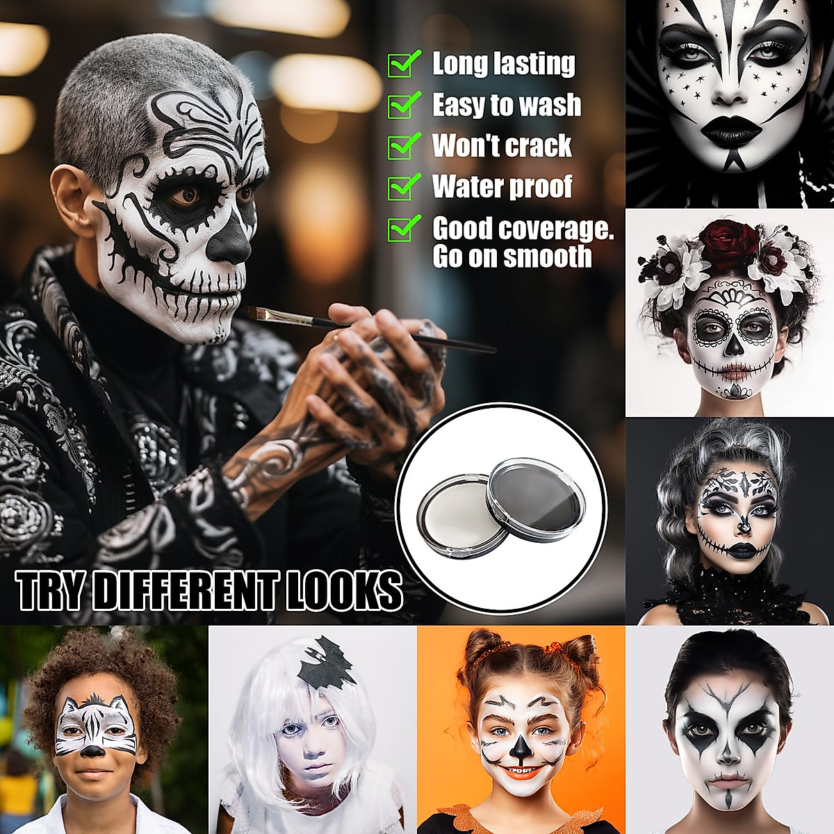 Jim&Gloria Black and White Face Paint + Painting Brush + UV Glow Tattoos, Sweatproof & Water Resistance Paints, Professional Palette Makeup Kit for Halloween SFX Costume Skeleton Clown Joker Mime