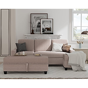 Ucloveria 81" Reversible Couch with Storage Chaise L-Shaped Apartment, Sectional Ottoman,Nailhead Textured Linen Fabric 3 Pieces Sofa Set,Warm Grey