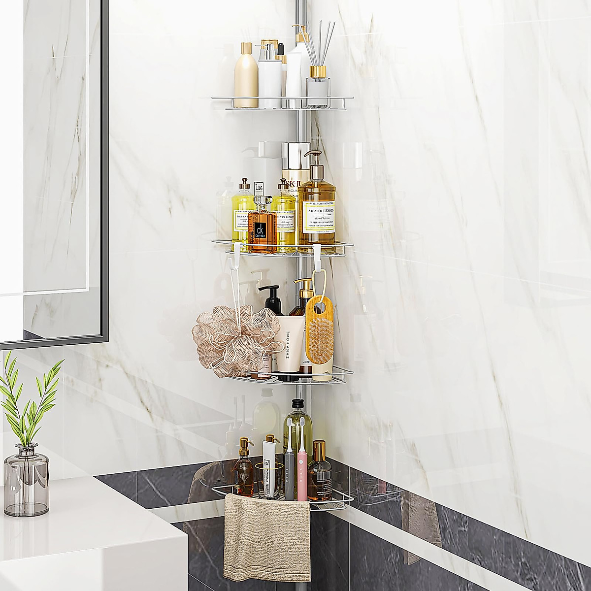 AIYAKA Tension Corner Shower Pole Caddy, Bathroom Storage Organizer, 65 to 106 inch Adjustable Height, with 2 Hooks, Silver