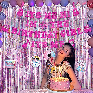 Glitter Popular Birthday Party Decorations Set - NO DIY - Its Me Hi Im The Birthday Girl Its Me Banner & Hanging Swirls & Foil Fringe Curtain for Pink Girls Fans Singer Birthday Party