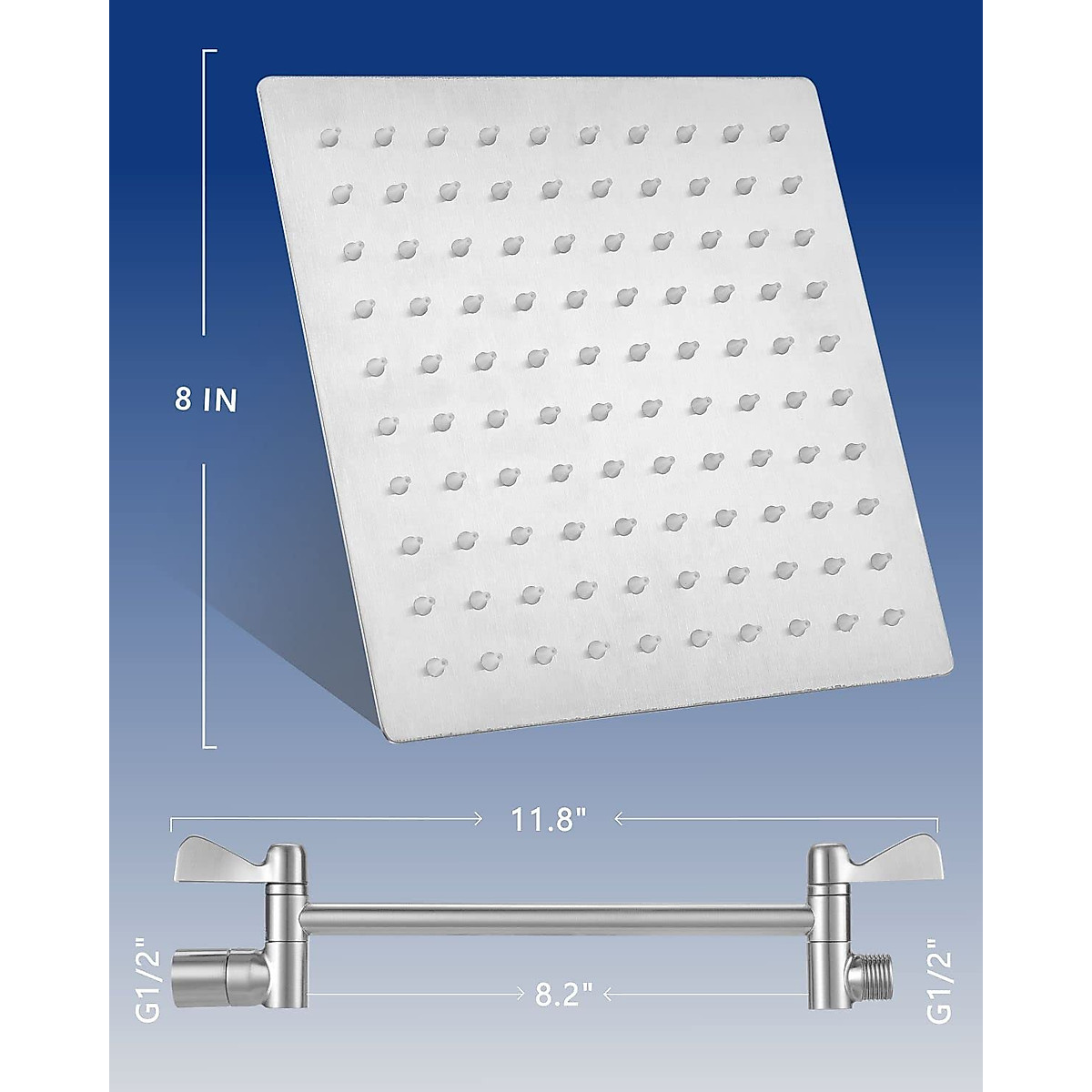 12'' Rain Shower Head with 11'' Adjustable Extension Arm - Eolax Large Rainfall Showerhead Solve Low Water Pressure and Flow - Bathroom Square Shower Heads Made of 304 Stainless Steel - Chrome
