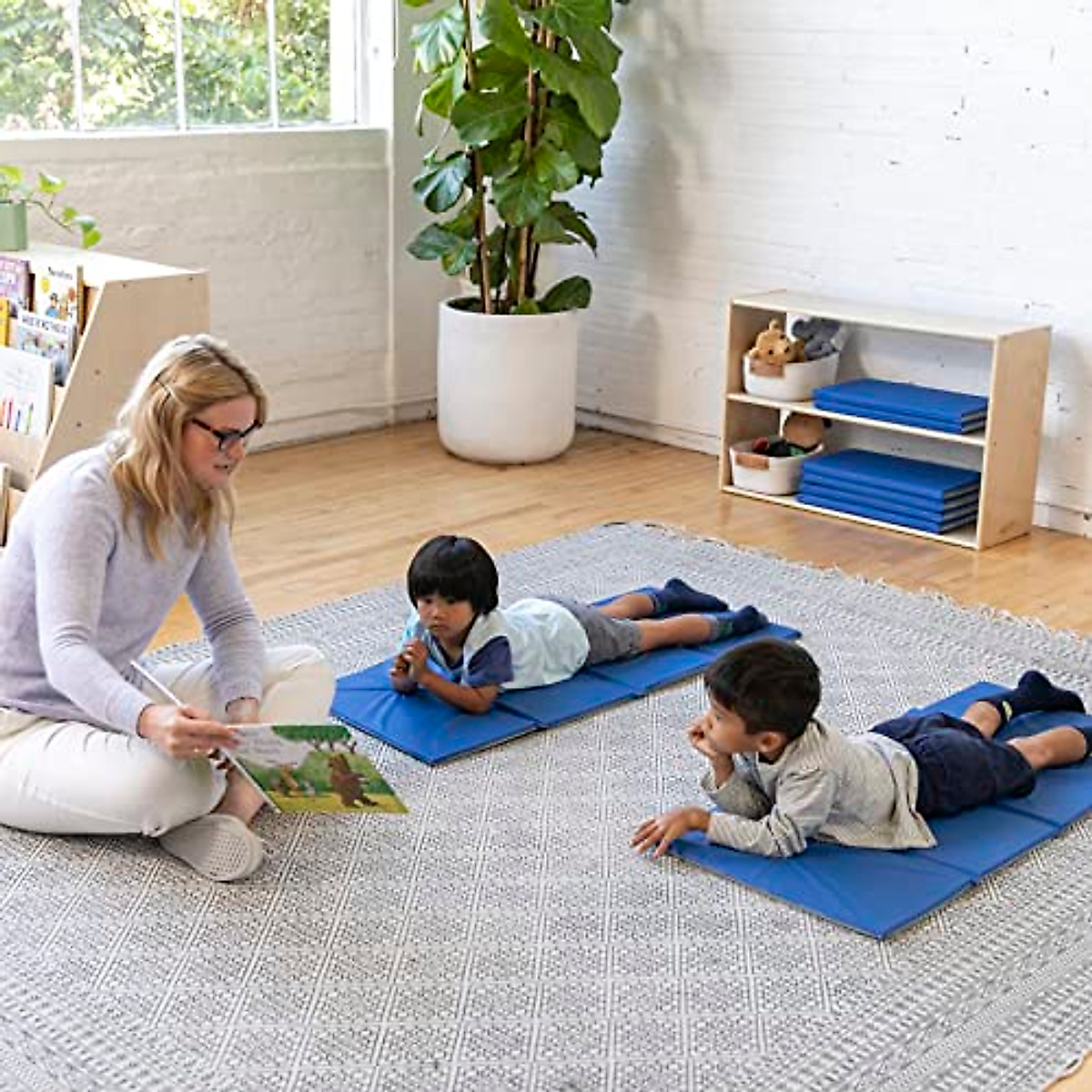 ECR4Kids Everyday Folding Rest Mat, 4-Section, 1in, Classroom Furniture, Blue/Grey