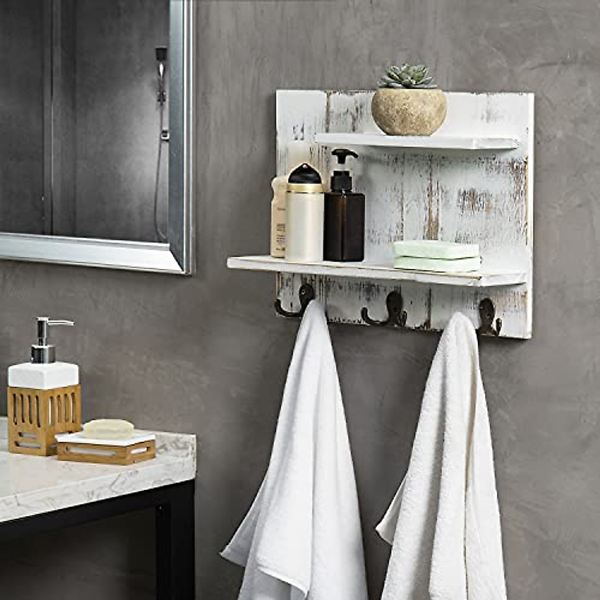 MyGift Shabby Whitewashed Wood Wall Mounted Storage Organizer Shelf with 6 Hooks