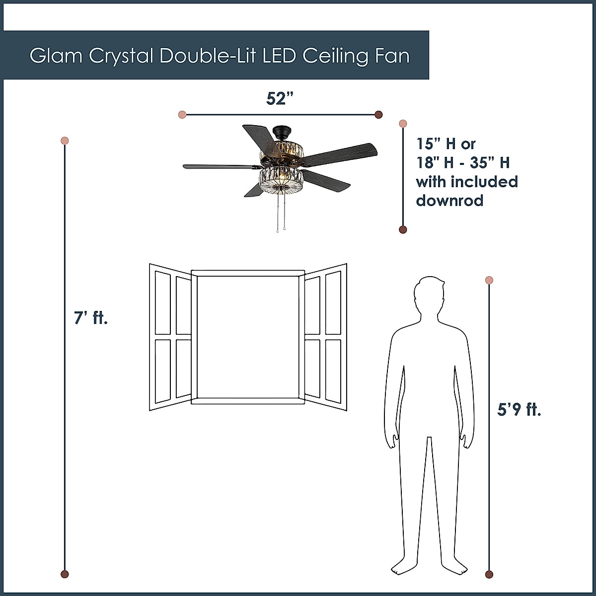 RIVER OF GOODS Glam 52 Inch Width Double-Lit LED Ceiling Fan, Clear