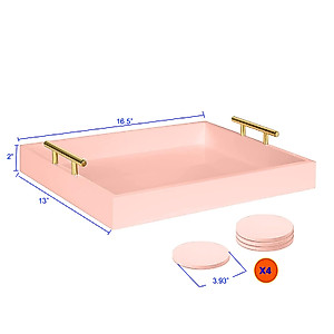 Juleduo Serving Tray, Deluxe Tray for Coffee Table with Polished Metal Handles and 4 Coasters, Living Room Bathroom Coffee Bar Organizer Modern Decorative Tray, for Storage and Display (Pink)