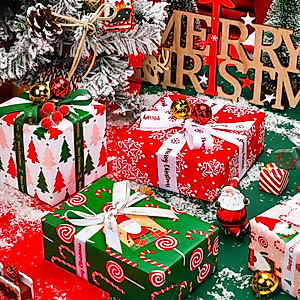 WRAPAHOLIC Christmas Wrapping Paper Roll - Red, Green and Pink Christmas Gnome Elf Holiday Collection - 4 Rolls - 30 Inch x 120 Inch Per Roll