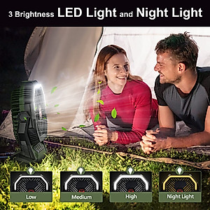 Portable Camping Fan，12000mAh 5 IN 1 Rechargeable Personal USB Small Desk Battery Powered fan with LED Lights/Power Bank/Timer/Hook Camping Essentials Accessories for Travel Tent Outdoor Fishing