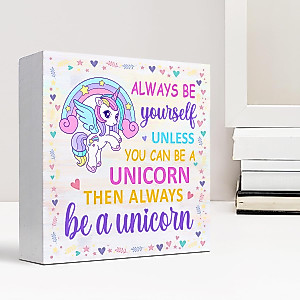 Always Be Yourself Unless You Can Be a Unicorn Inspirational Wood Block Sign Desk Decor,Cute Unicorn Wooden Box Plaque Sign Desk Decor for Nursery Girls Room Bedroom Playroom Decorations