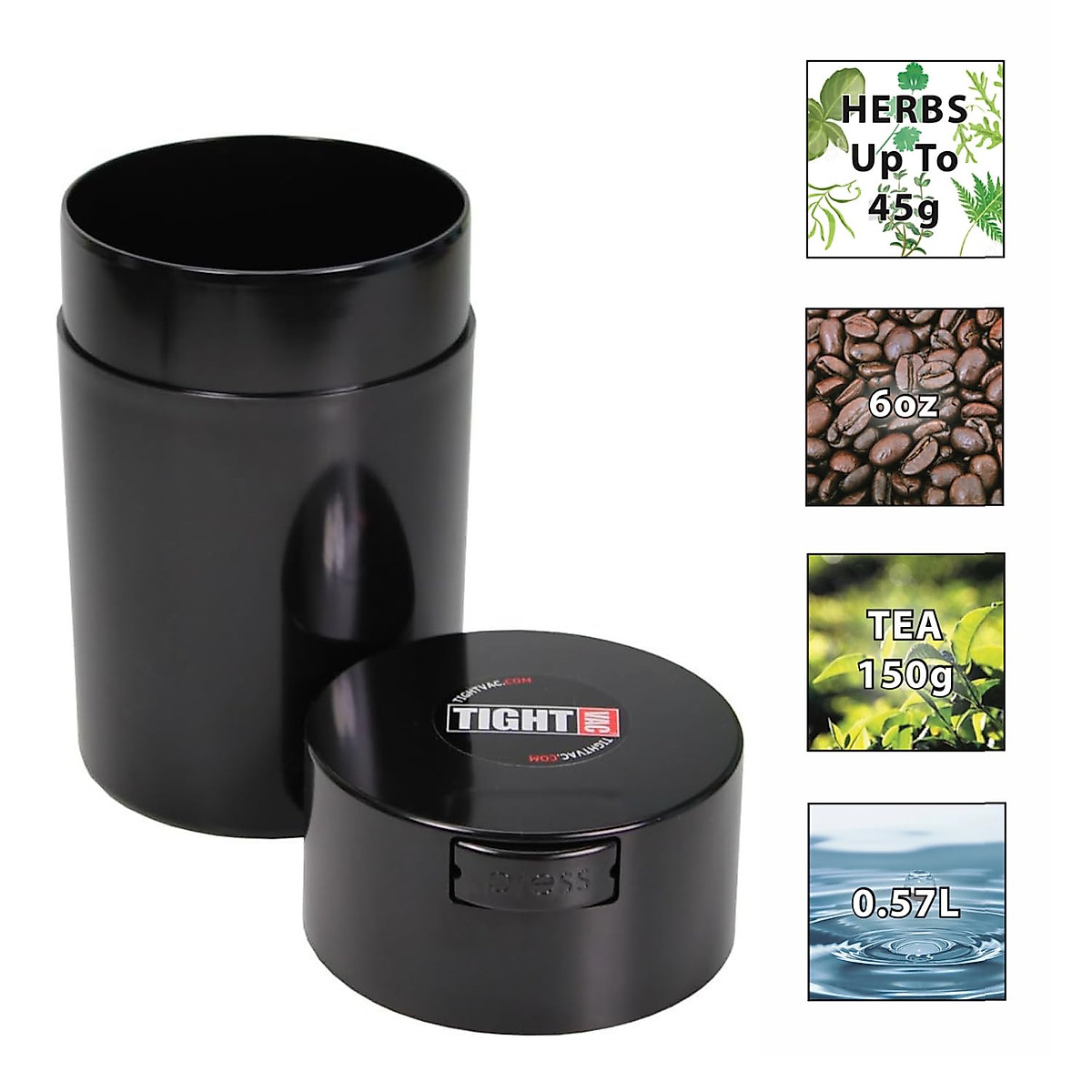 Tightvac - 1 oz to 6 ounce Airtight Multi-Use Vacuum Seal Portable Storage Container for Dry Goods, Food, and Herbs - Black Cap & Black Body