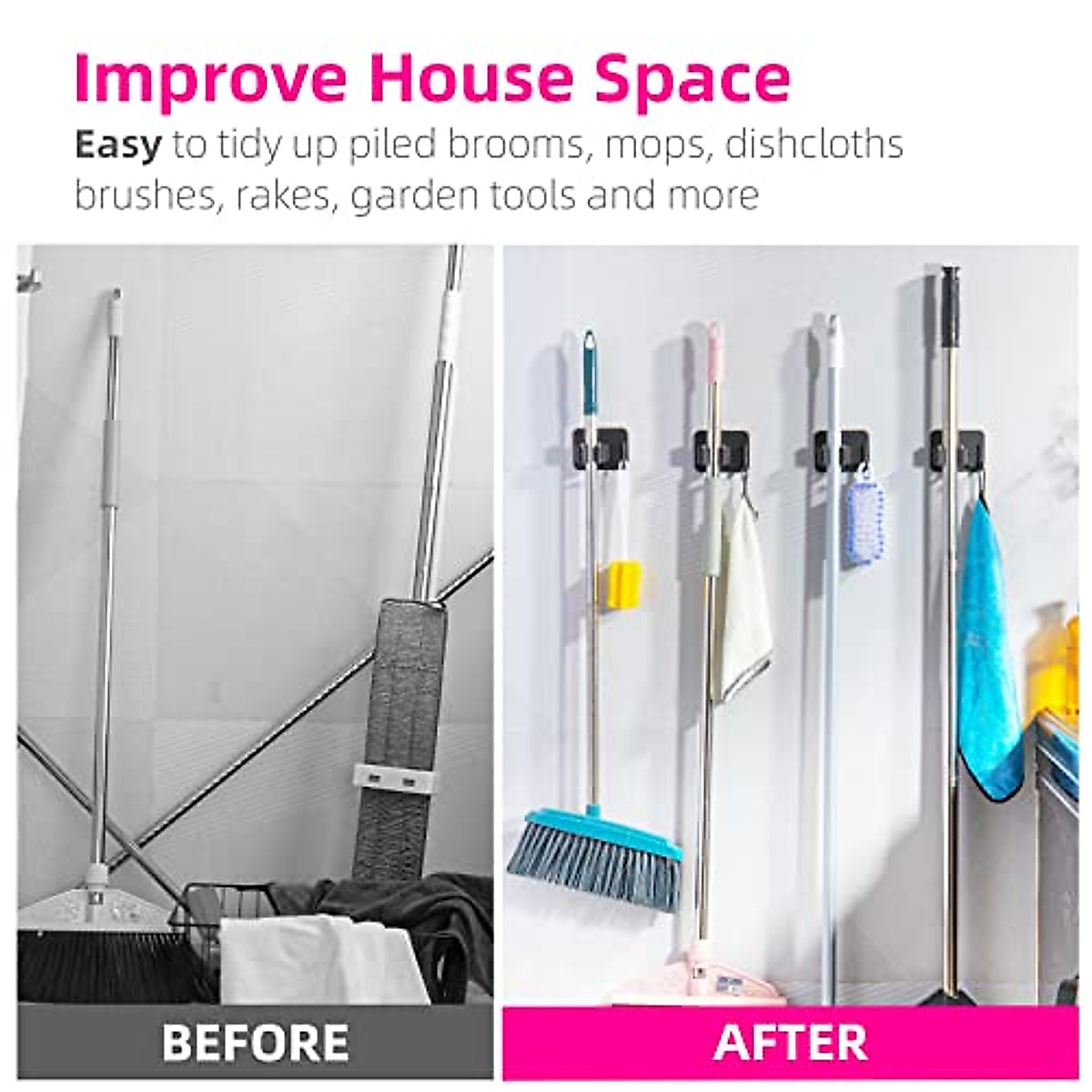 DOMAXCAI 4 Pack Broom Holder Wall Mount, Upgraded Broom Holder, Super Anti-Slip Mop and Broom Holder Wall Mount, Self Adhesive Broom Hanger Gripper for Bathroom, Garage Laundry Room Storage, Black