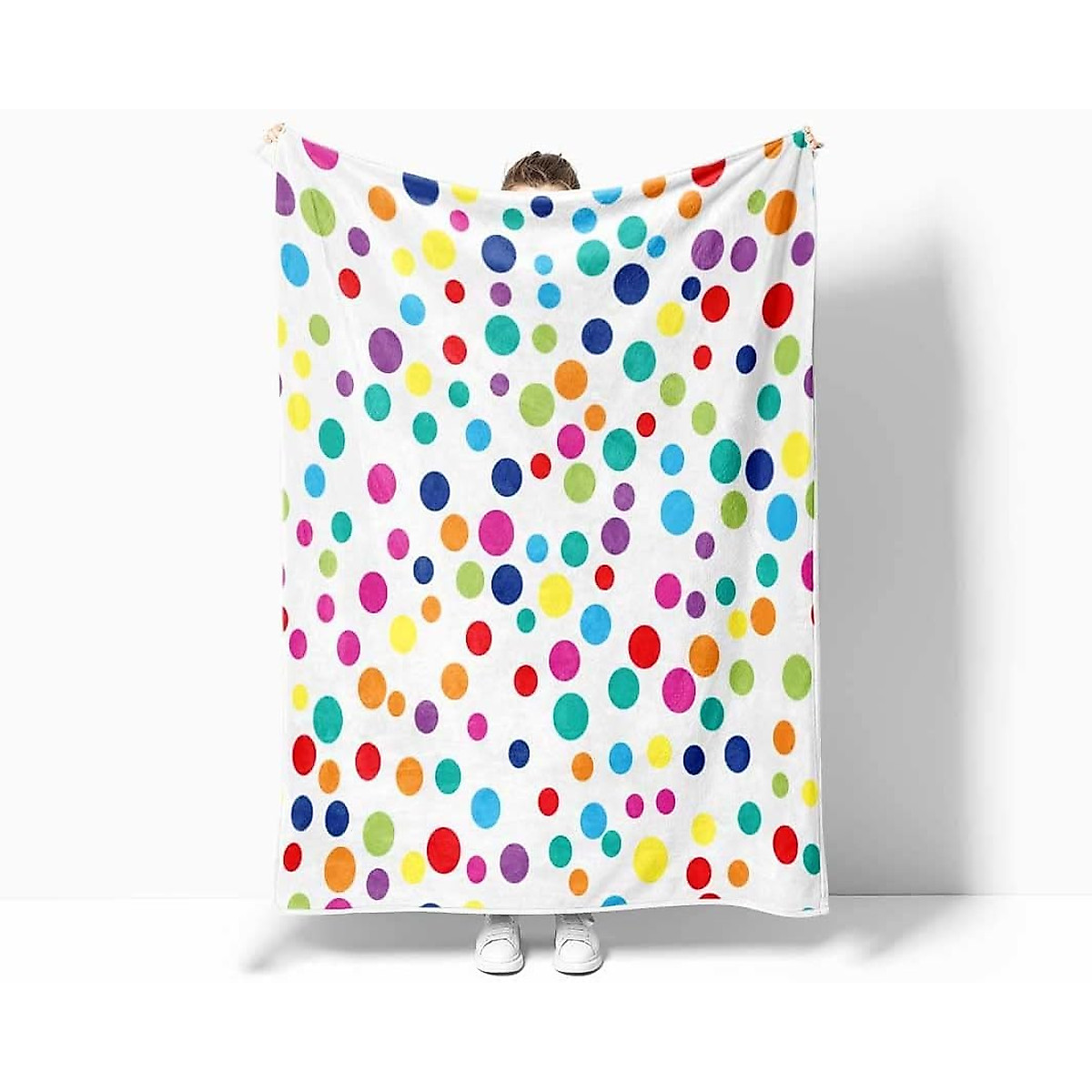 Clolrful Polka Dots Rainbow Throw Blankets, White Modern Geometric Soft Cozy Flannel Warm Blanket for Bedroom Living Room Home, Plush Throw Blanket Camping Travel Couch Sofa Kids, 50 x 60