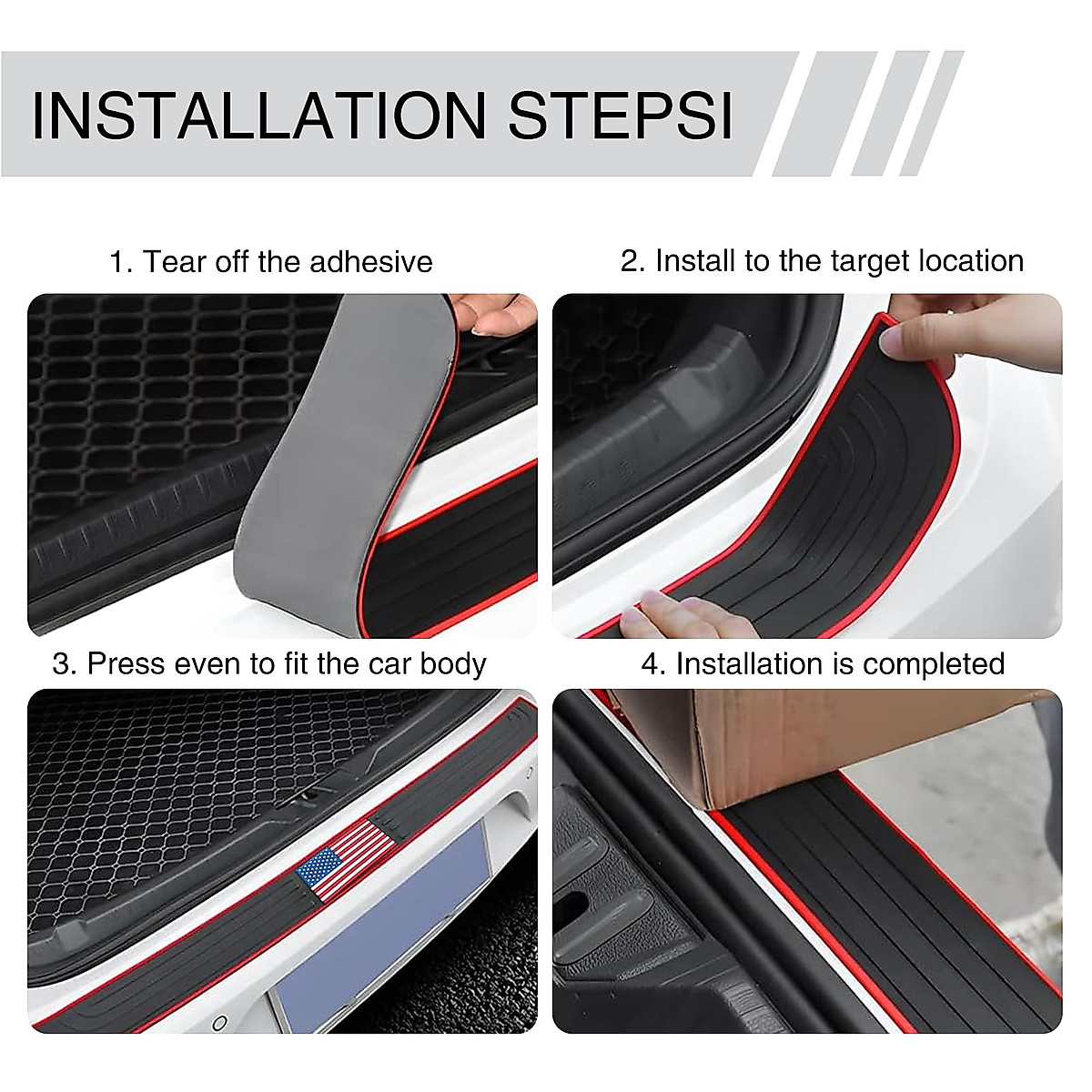 Fogfar 1 PC Car Trunk Anti-Scratch Strip, 35.43" x 2.75" PVC American Flag Black Edge Three-Dimensional Printed Protective Sticker, Self-Adhesive Decorative Accessories, for Cars, SUVs (Black)