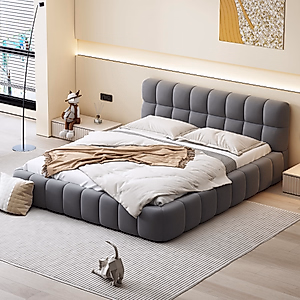 DNYN Queen Size Upholstered Platform Bed with Thick Fabric for Kids/Adults,Solid Wood Bedframe w/Wood Slat Support & Easy Assembly & No Box Spring Needed,Perfect for Dorm,Bedroom,Guest Room, Gray