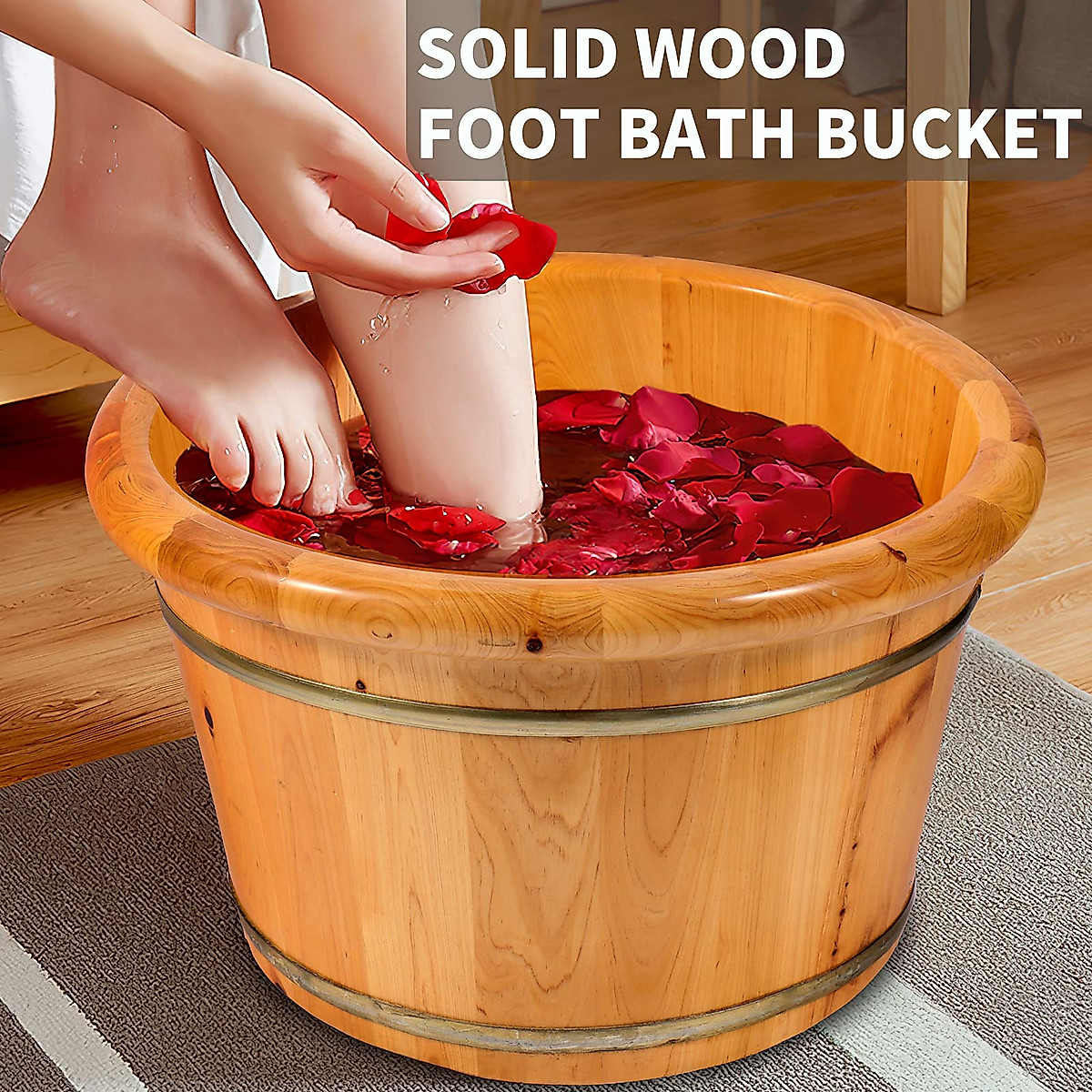 TGODRVC Foot Baths Wood Foot Tub, with Massager and lid SoIid Wood Handmade,Wooden Foot Basin Set,Upgrade Optimization