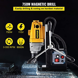 VEVOR Magnetic Drill, 550RPM No-load Speed Electromagnetic Drill Press, 2.16" Depth 1.57" Dia Magnetic Core Drill, 2700LBS Boring Tool Drill Press, w/ 1100W Drill Press, Yellow and Black Drill Machine