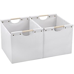 HOONEX Large Collapsible Storage Bins, Linen Fabric, Pack of 2, Storage Baskets with Wooden Carry Handles and Sturdy Heavy Cardboard, for Home, Office, Car, Nursery, White