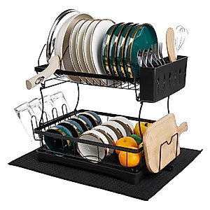 YIHONG Kitchen Large Dish Drying Rack with Drainboard, 2 Tier Dish Racks for Kitchen Counter, Dish Drainer Set with Utensils Holder, Dish Strainers with Extra Drying Mat for Pots and Pans