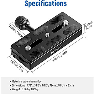 NEEWER Quick Release Plate with Clamp Adapter Set, 120mm QR Plate with Clamp, 3/8"&1/4" Screw, Bubble Level, 3/8” to 1/4” Screw Adapter, Compatible with Arca Swiss Tripod Monopod Ball Head