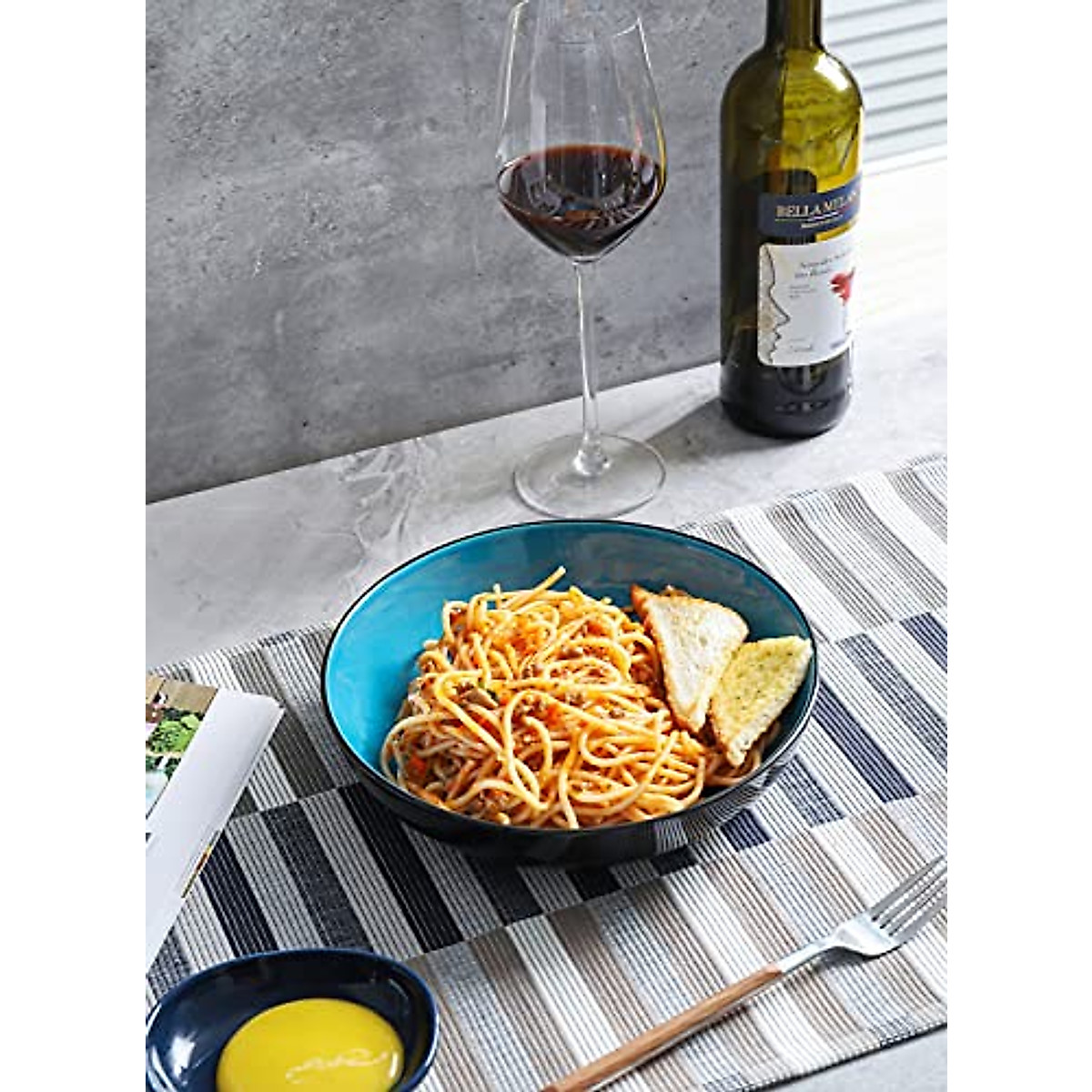 Teocera Pasta Bowls, Large Salad Bowls, Porcelain Bowl Set, Wide and Shallow, Microwave and Dishwasher Safe, 35 Ounce - Set of 4, Black Multi Color