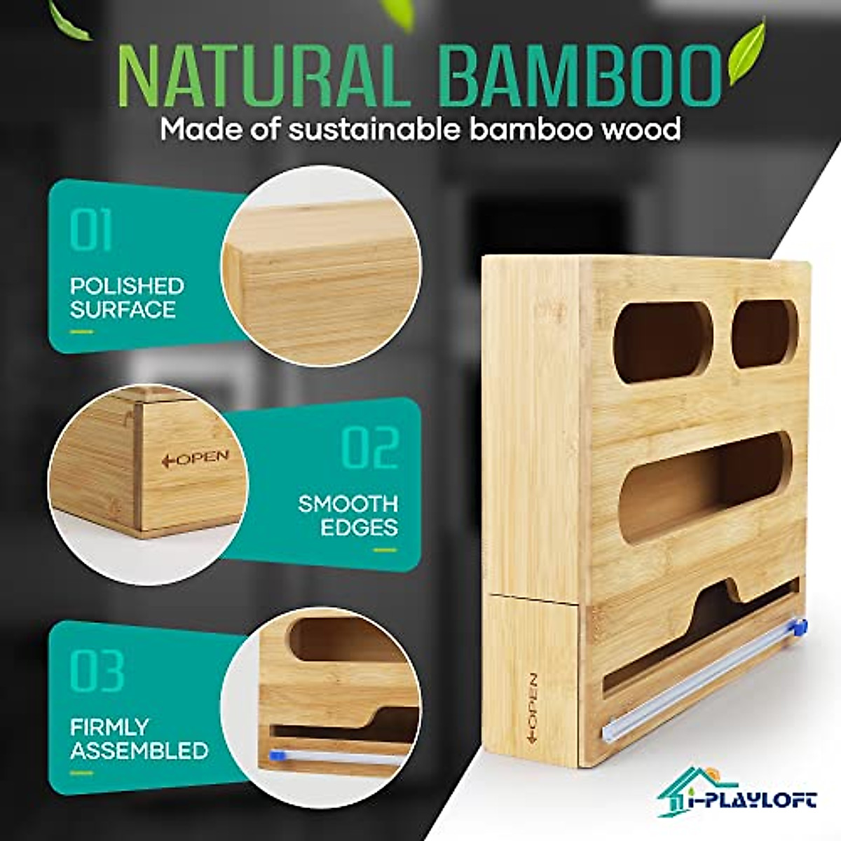 Premium Plastic Wrap Dispenser with Cutter and Ziplock Bag organizer, Bamboo Foil and Plastic Wrap Organizer for Kitchen Drawer, Ziplock Bag Storage Organizer for Gallon,Quart,Sandwich,Snack