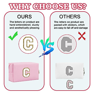 Personalized Initial Letter Patch Makeup Bag, Preppy Portable Chenille Letter Cosmetic Bag with Zipper, PU Leather Waterproof Travel Toiletry Bag Monogram Make Up Pouch for Women Girls(Letter A)