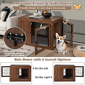 PETSITE Dog Crate Furniture with Cushion, Wooden Dog Crate End Table with Double-Doors, Dog Kennel Indoor, Pet Cage House for Small to Medium Sized Dogs