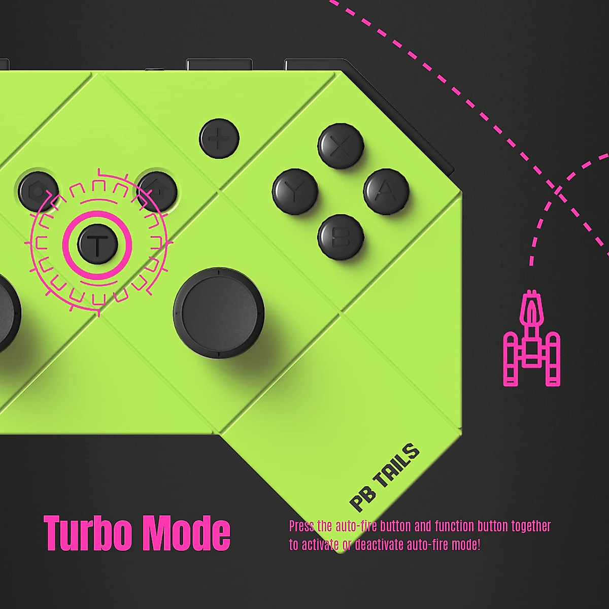 PB TAILS CHOC Unique Bluetooth Controller for Switch, PC, Steam, Android - Portable Switch Wireless Controller with Turbo-Mode, Motion Control, Vibration, Wake Up Function & Carry Case - Neon Green