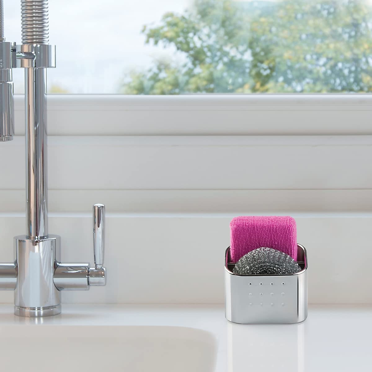 iDesign Forma Polished Stainless Steel Sink Organizer Set with Sponge and Scrubby - 3.1" x 4" x 3.1"