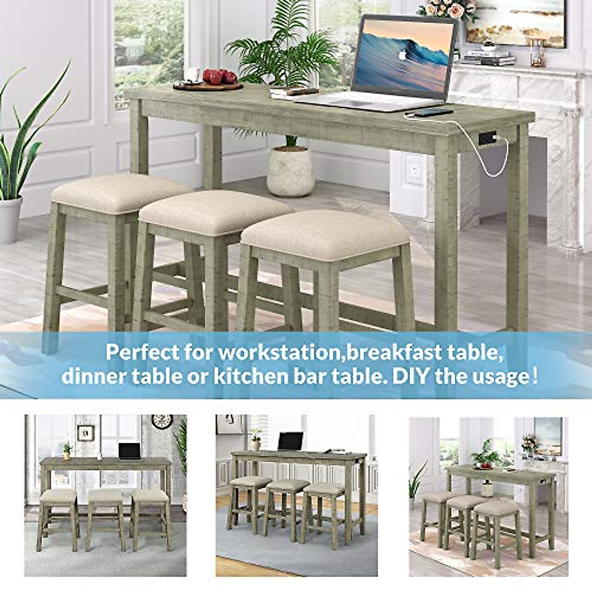Quarte 4-Piece Counter Height Bar Table Set, Multipurpose Dining Room Set with Fabric Padded Stools and Socket,Wood Rustic Dining Set