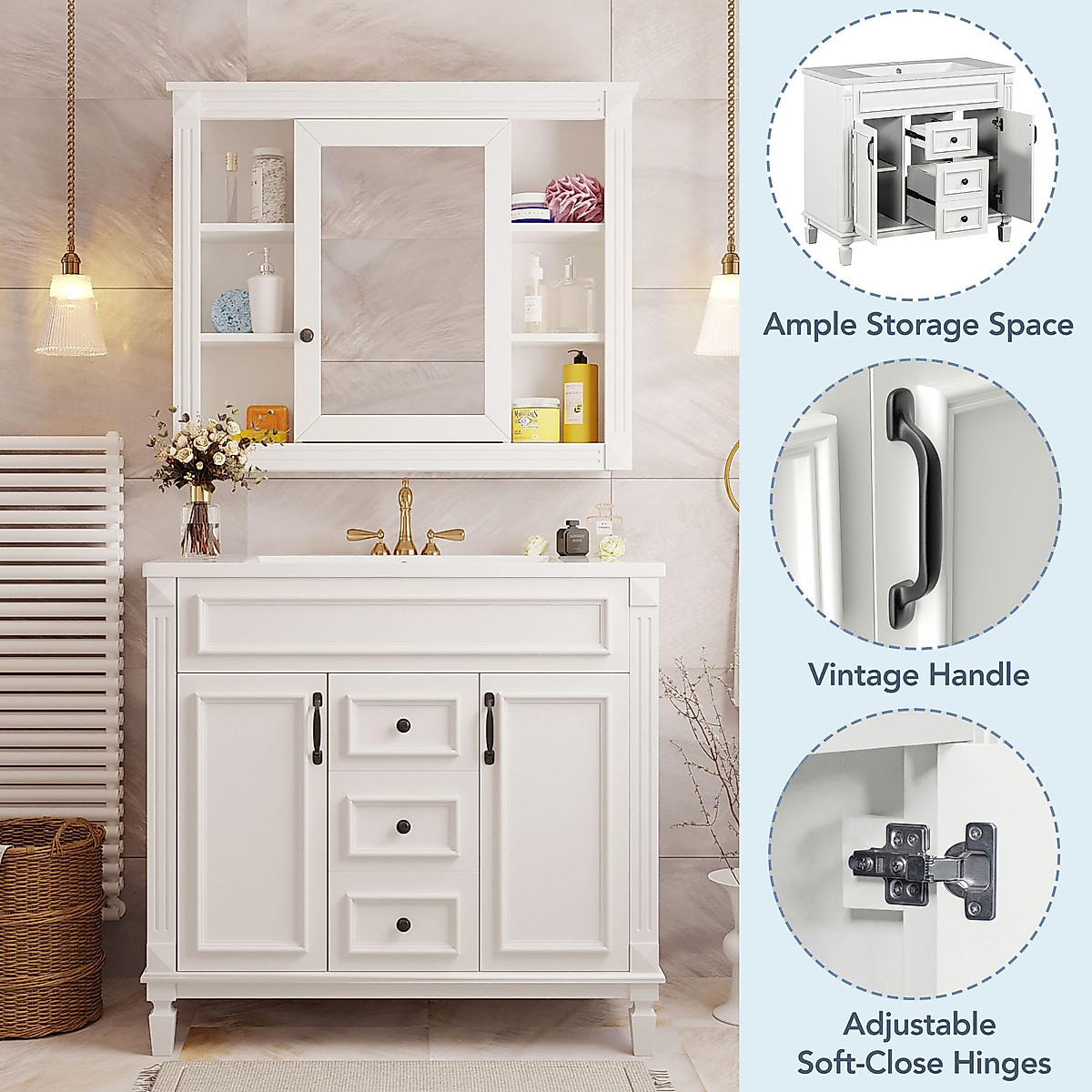 36 in Bathroom Vanity with Sink and Medicine Cabinet Set, 2 Drawers, 2 Doors and Shelves, Wood Single Sink Bathroom Cabinet with Soft Closing, Modern White Bathroom Vanity Set