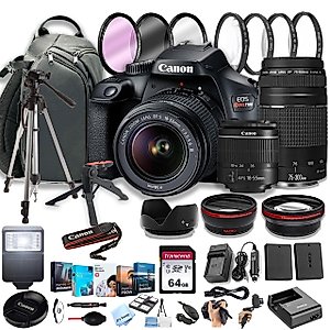 Canon EOS Rebel T100 DSLR Camera w/EF-S 18-55mm F/3.5-5.6 Zoom Lens + 75-300mm F/4-5.6 III Lens+ 64GB Memory Cards, Professional Photo Bundle (42pc Bundle)