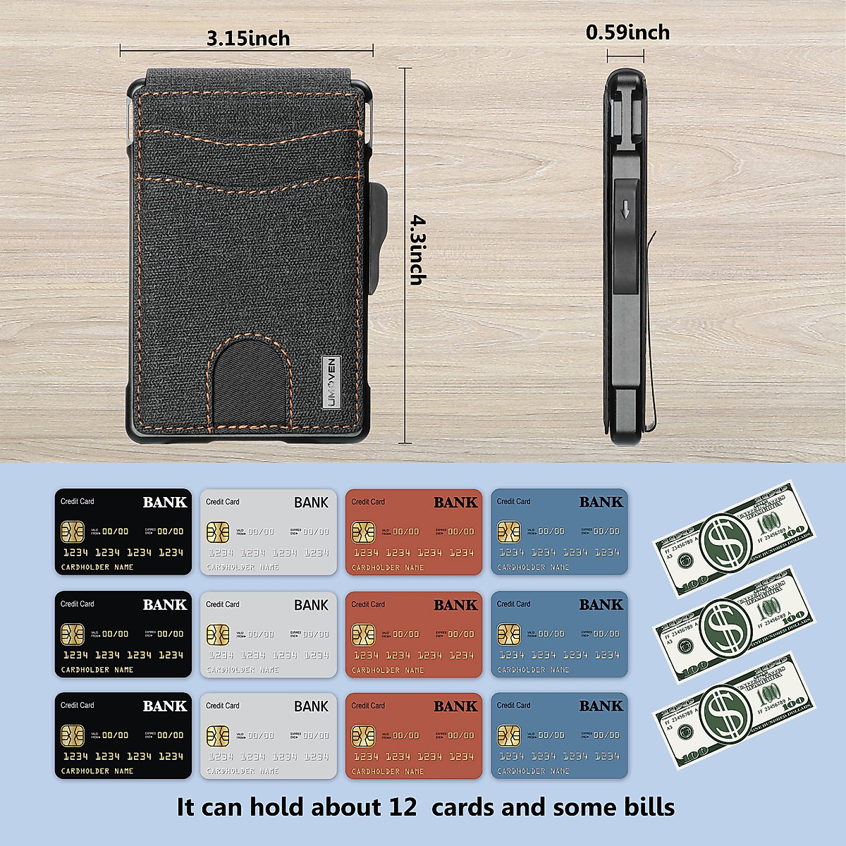 umoven Wallet for Men - with Money Clip Slim Leather Slots Credit Card Holder RFID Blocking Bifold Minimalist Wallet (denim)