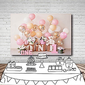 MEHOFOND 7x5ft Pink Gold Balloon First Birthday Party Backdrops for Baby Girl Sweet One Floral Photography Background Portrait Photo Studio Decoration Photo Banner Props for Cake Smash