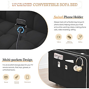 Antetek Upgraded Sleeper Sofa Couch Bed with Phone Holder, 3 in 1 Small Modern Convertible Velvet Loveseat Futon Sofa w/Pullout Bed, Adjustable Backrest for Living Room Apartment, Small Space, Black