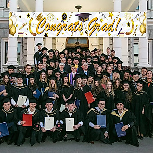 HOWAF Long Congrats Grad Fabric Banner for 2022 Graduation Party Decoration Gold and White, Graduation Banner Decoration Graduation Commencement Decoration of Table Wall Room Outdoor, with String