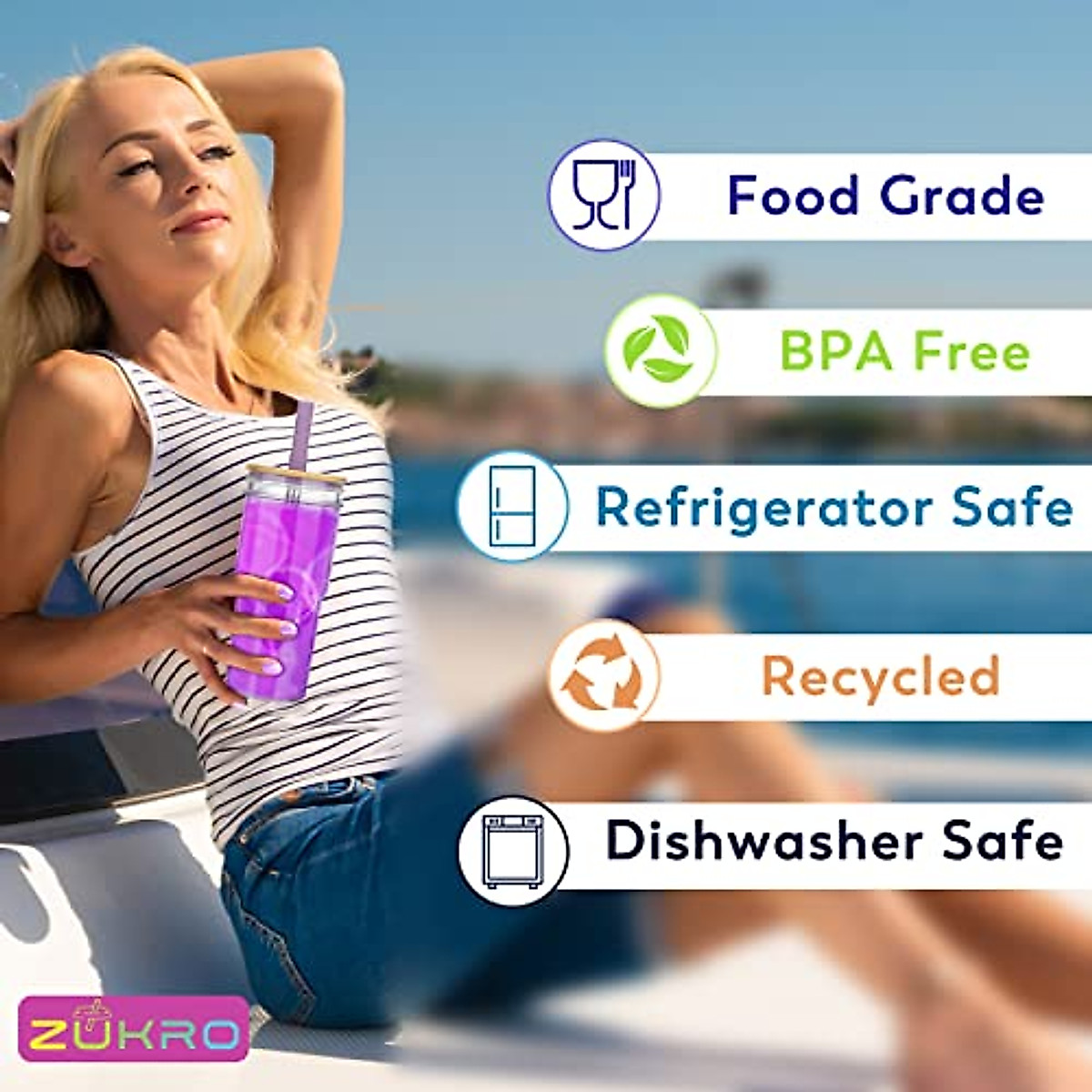 Zukro 24 oz Glass Tumbler Cup with Bamboo Lid and Straw 2 Pack, Mason Jar Drinking Glasses, Boba Tea Cup, Wide Mouth Glass Bottle for Smoothie, Iced Coffee, Juice, Water, BPA Free, Dishwasher Safe