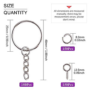 Swpeet 450Pcs 1" 25mm Sliver Key Chain Rings Kit, Including 150Pcs Keychain Rings with Chain and 150Pcs Jump Ring with 150Pcs Screw Eye Pins Bulk for Jewelry Findings Making (Sliver)