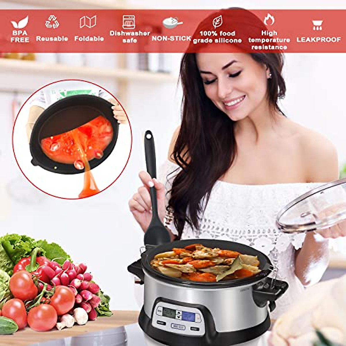 Silicone Slow Cooker Liners, SelfTek Reusable Liner Fits Crock-Pot &Hamilton Beach 7-8 Qt Oval, Foldable, Leakproof Dishwasher Safe Cooking Insert Includes Spoon - Black 1Set