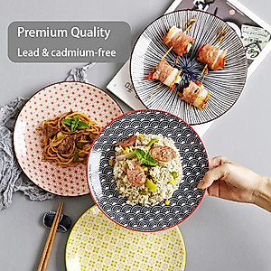 Domini Ceramic Pasta plates,8 inch Salad Bowls,Set of 4,Microwave and Oven Safe Plate with High Edge,Large Wide Bowls/Plates for Serving Dinner,Salad,Oatmeal,Mix-Match Pattern,Gift