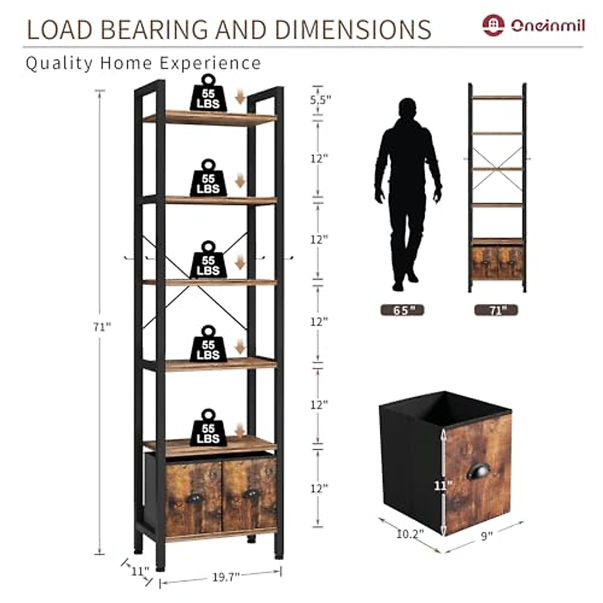 oneinmil 6-Tier Bookshelf with 2 Storage Drawers, Industrial Display Standing Shelf, Rustic Wood Storage Shelf with Metal Frame, Open Bookcases for Living Room, Bedroom, Home Office (Brown)