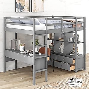 Merax Full Size Loft Bed with Built-in Desk with Two Drawers, Storage Shelves, Solid Wood Frame for Teens, Grey